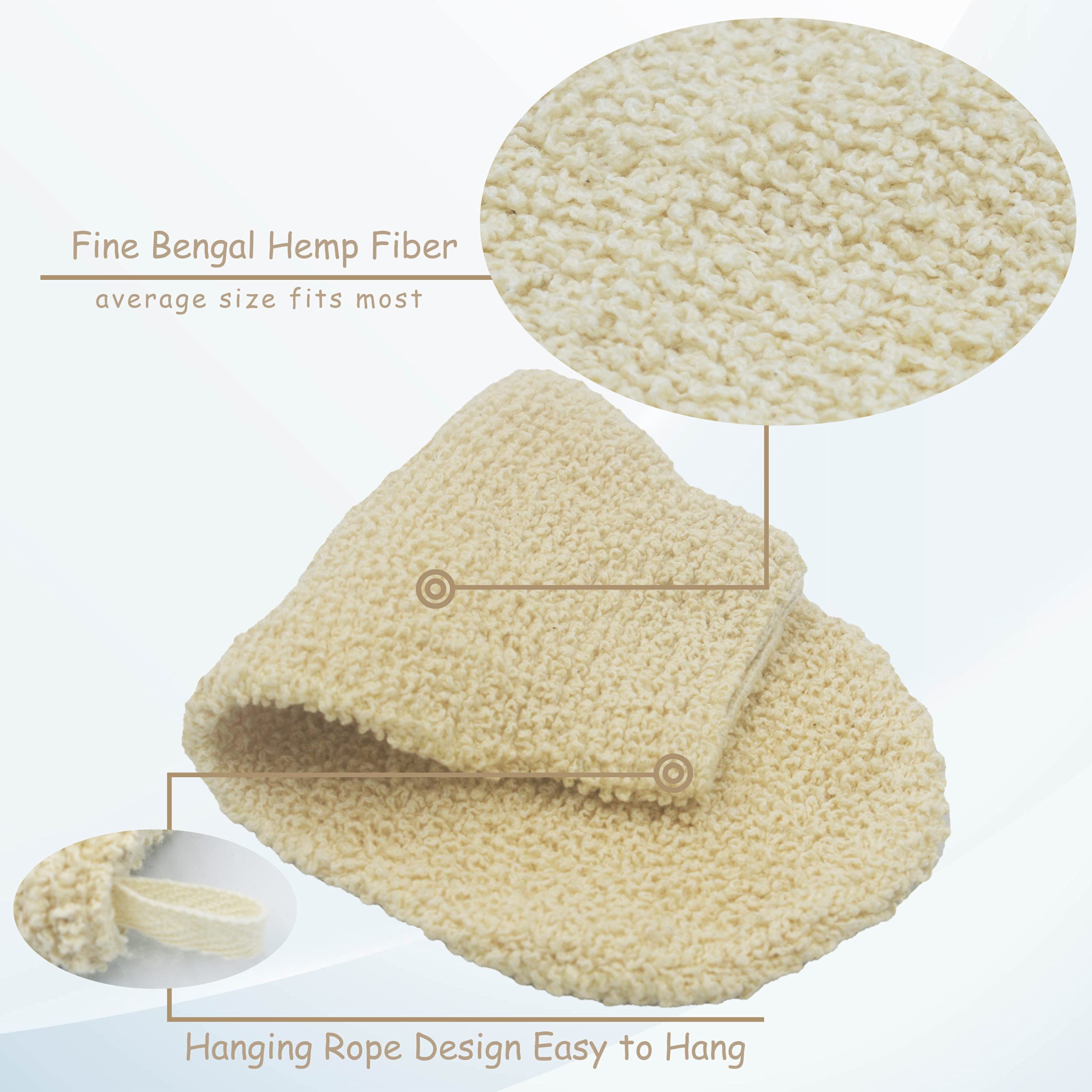 Natural Ramie Dual Sided Exfoliating Glove Hand Mitt Mitten Shaped Back and Body Shower Bath Scrubber White, Remove Dead Skin Machine Washable, Pack of 2