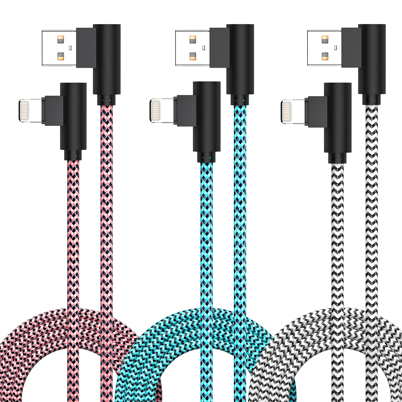 3 Pack iPhone Charger 6FT [Apple MFi Certified] Right Angle Lightning Cable Fast Charging Cord, Car Cable for iPhone 14 13 12 11 Pro/Pro Max/Mini/XS/XR/8 7 Plus, iPad, CarPlay
