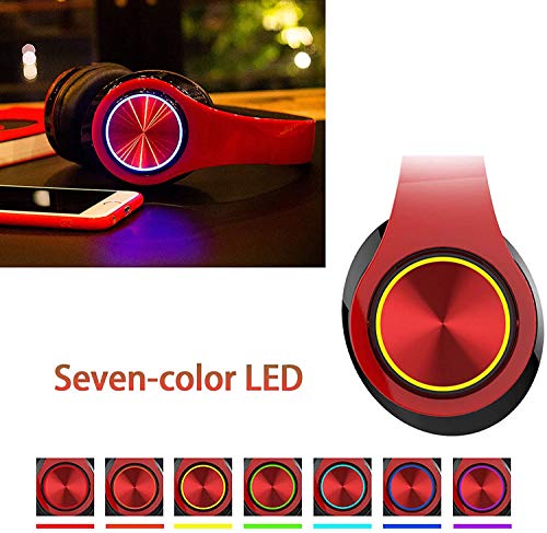 Bluetooth Headphones Over Ear Headphones with Deep Bass LED Foldable Stereo Headphones, Wired and Wireless Headset for Smart Phone/TV/PC(Red/Black)