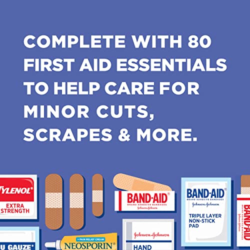 Johnson & Johnson Travel Ready Portable Emergency First Aid Kit for Minor Wound Care with Assorted Adhesive Bandages, Gauze Pads & More, Ideal for Travel, Car & On-The-Go, 80 pc
