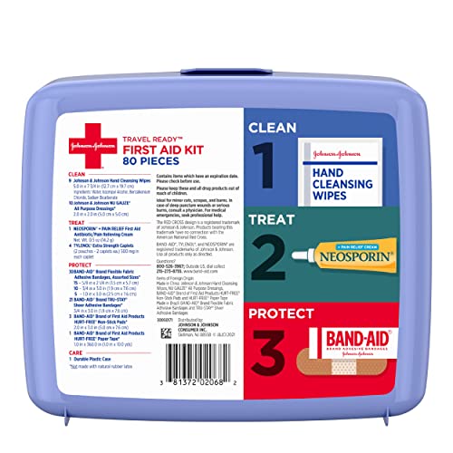 Johnson & Johnson Travel Ready Portable Emergency First Aid Kit for Minor Wound Care with Assorted Adhesive Bandages, Gauze Pads & More, Ideal for Travel, Car & On-The-Go, 80 pc