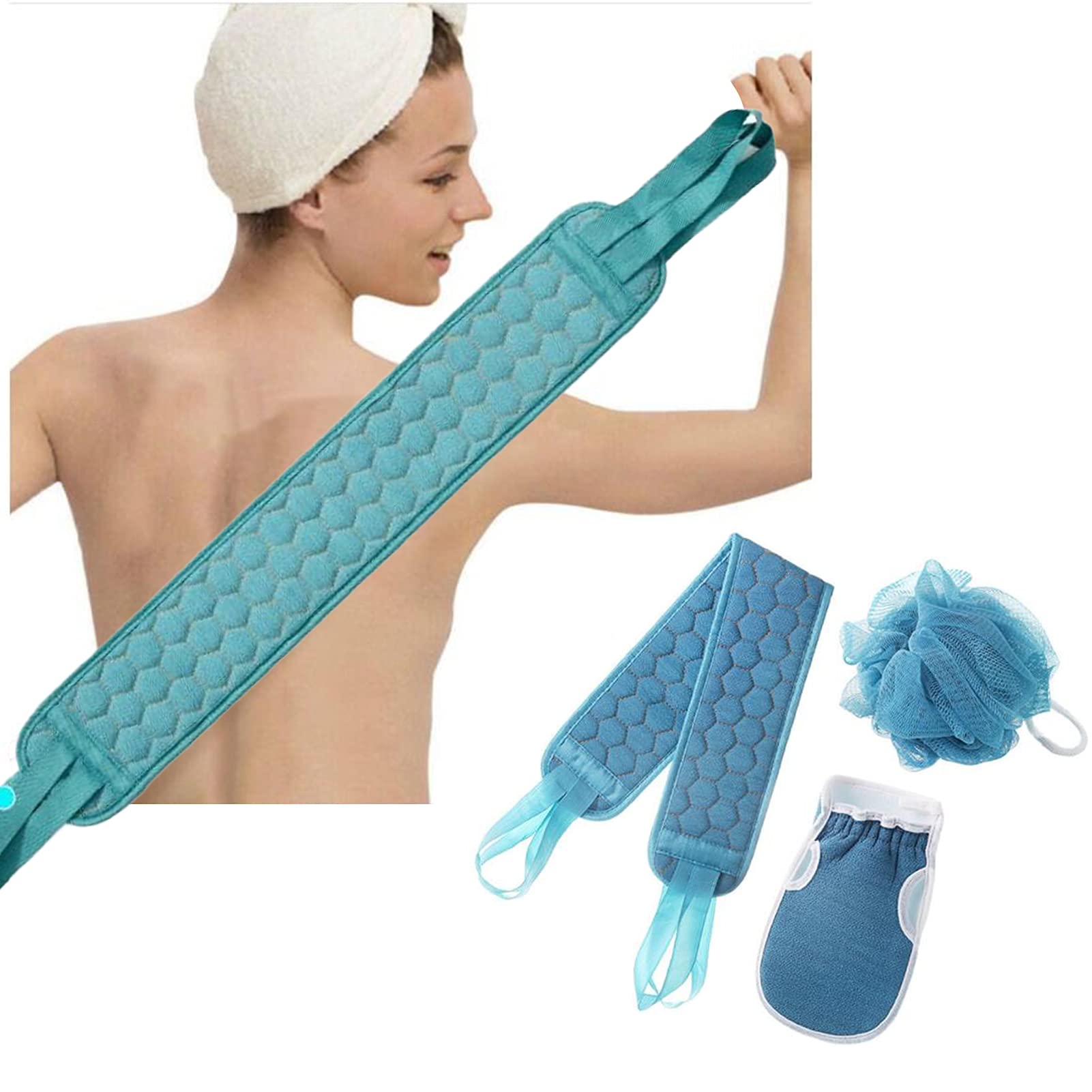 MILIDEE Bath Shower Set Scrubber Glove Loofah Sponge Pouf, Bath Brush Extra Long Dual Sided Scrubber Long Lasting Deep Clean Super Soft, Body Scrubber Exfoliator Men Woman Finger Tricky Toy, Blue