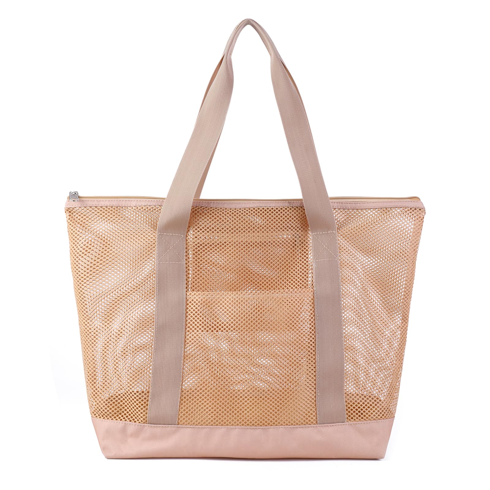 Mesh Beach Bags, Grocery Produce Tote Bag with Zipper & Pockets for Gym, Picnic, Shopping or Travel