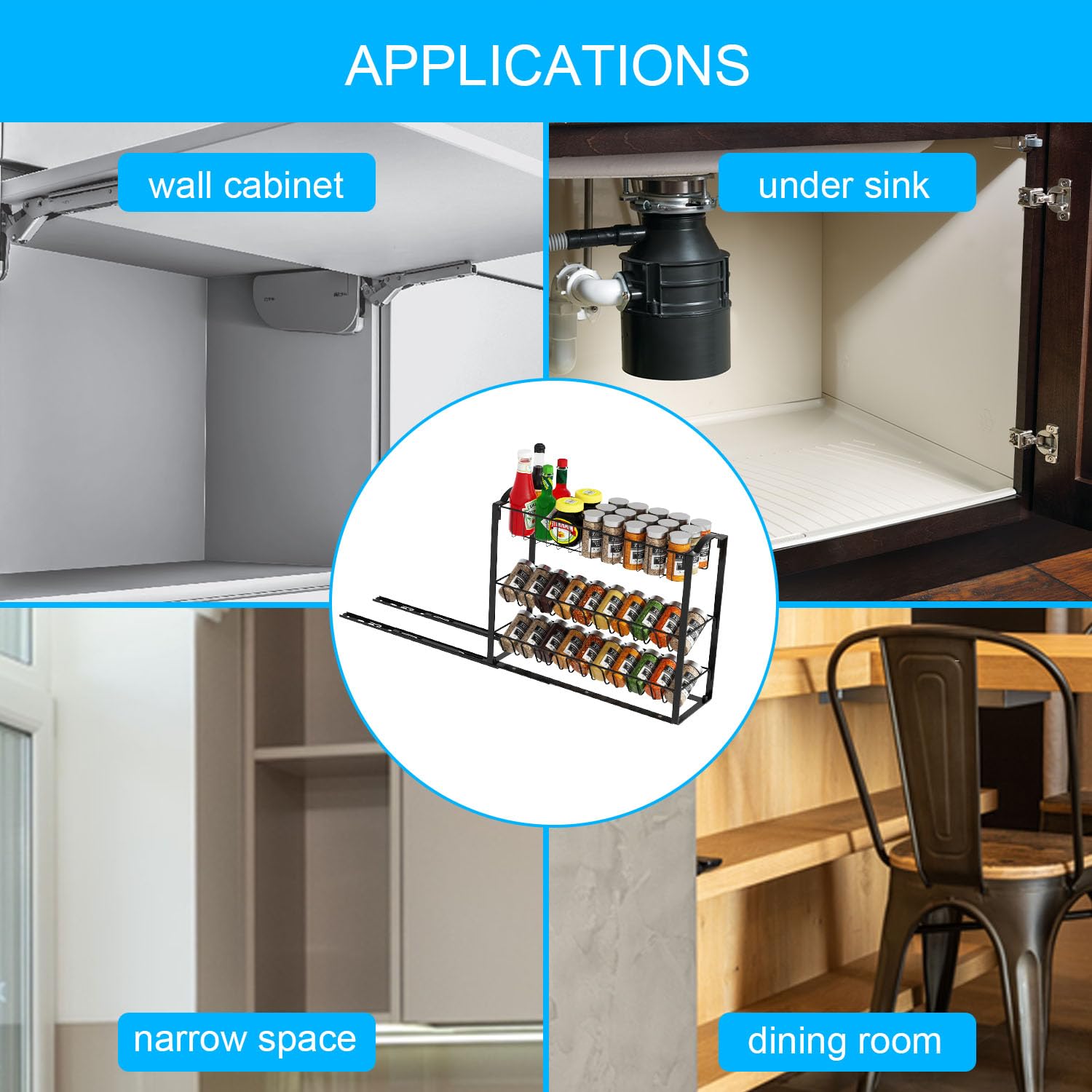 Pull Out 3-Tier Spice Rack - Sliding Organizer for Kitchen Cabinets, Under Sink Shelf, Slide Out Racks for Storage, Cabinet Organization in Kitchen, Heavy Duty Slide Out Seasoning Kitchen Organizer.