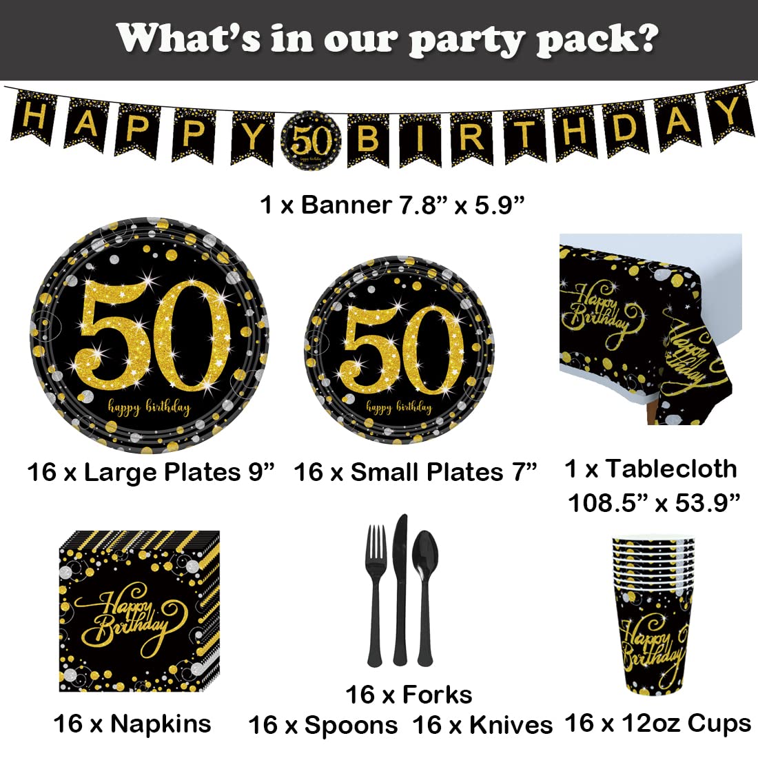 50th Birthday Black And Gold Party Supplies, Disposable Tableware,16 Guest, 50 Years Birthday Decorations For Men,Include Paper Plates, Banner Cups Napkins Tablecloth Cutlery…