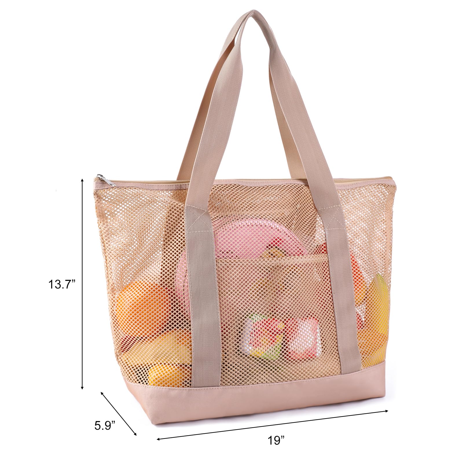 Mesh Beach Bags, Grocery Produce Tote Bag with Zipper & Pockets for Gym, Picnic, Shopping or Travel