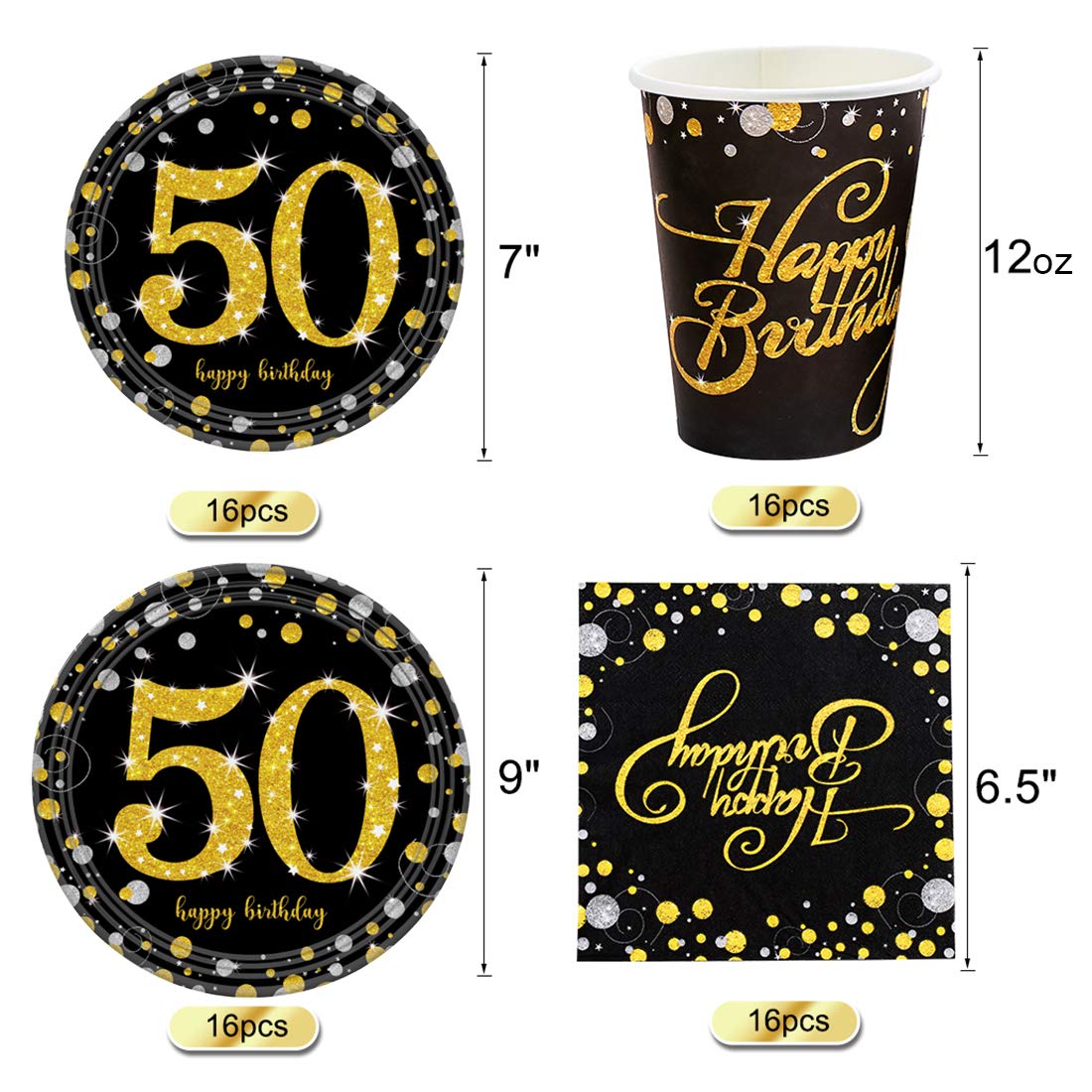 50th Birthday Black And Gold Party Supplies, Disposable Tableware,16 Guest, 50 Years Birthday Decorations For Men,Include Paper Plates, Banner Cups Napkins Tablecloth Cutlery…
