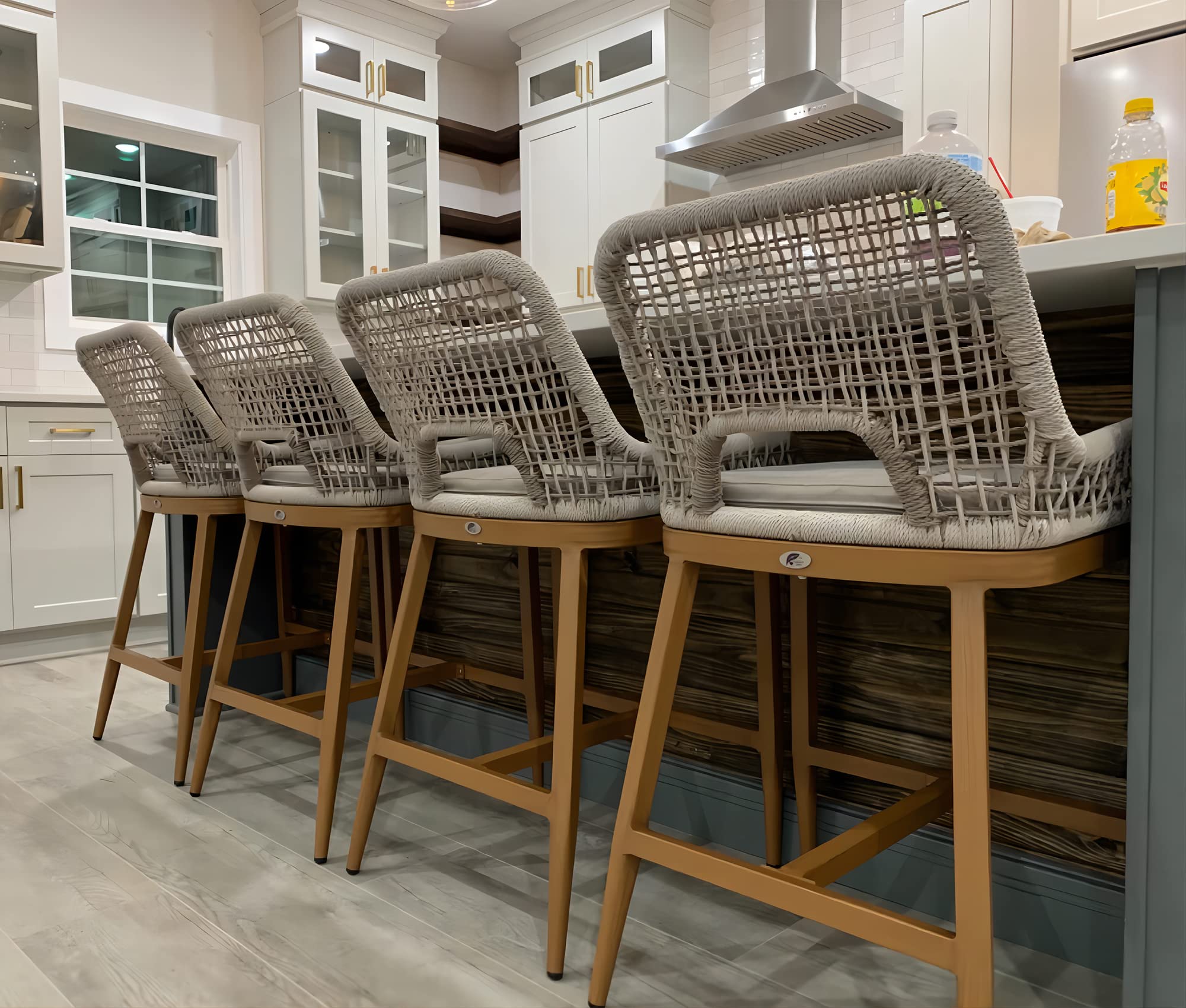PURPLE LEAF Counter Height Bar Stools Set of 4 Rattan Chair Boho Aluminum Woven Counter Stools with Back and Footrest Modern Patio Seating 24.8 Inches Outdoor Barstools