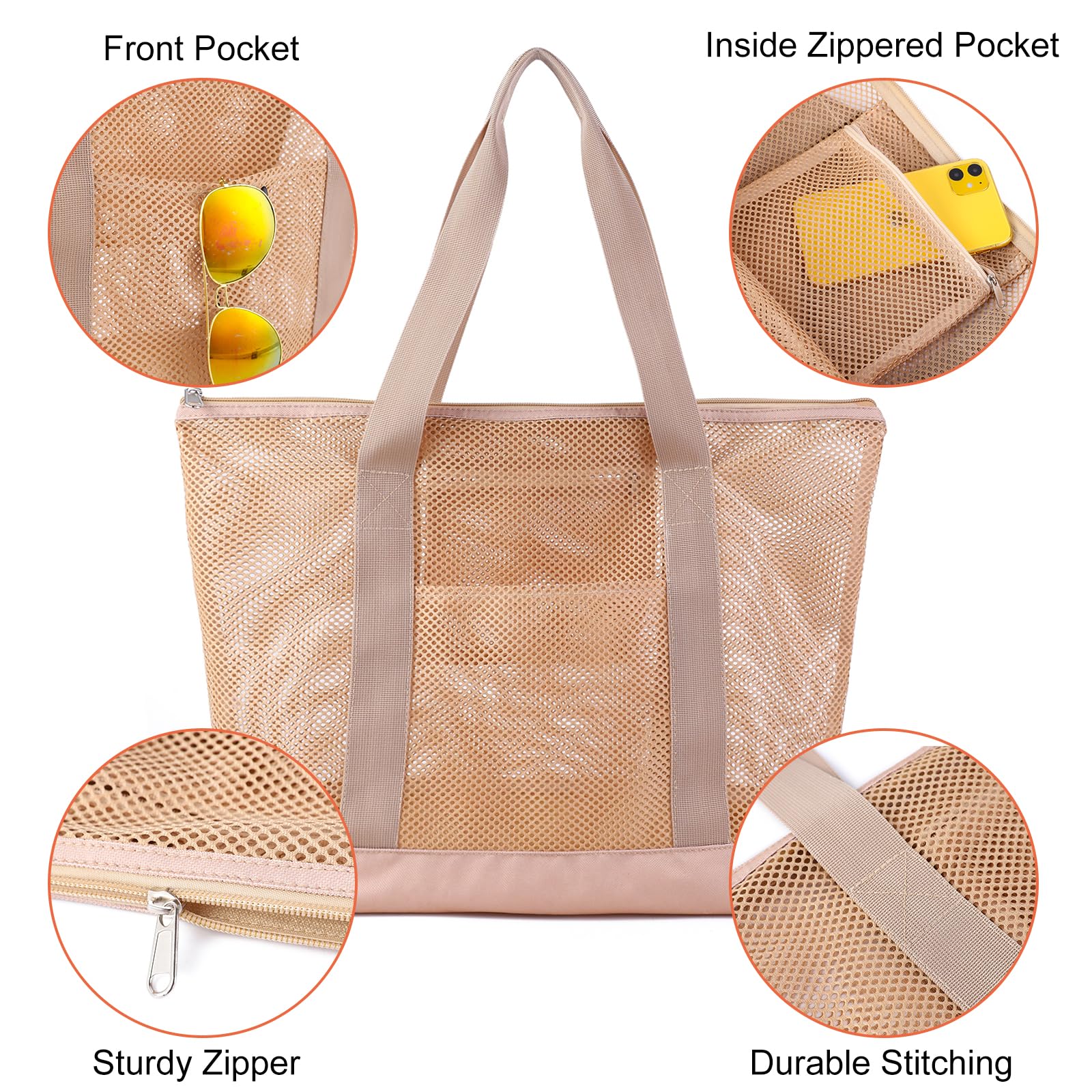 Mesh Beach Bags, Grocery Produce Tote Bag with Zipper & Pockets for Gym, Picnic, Shopping or Travel