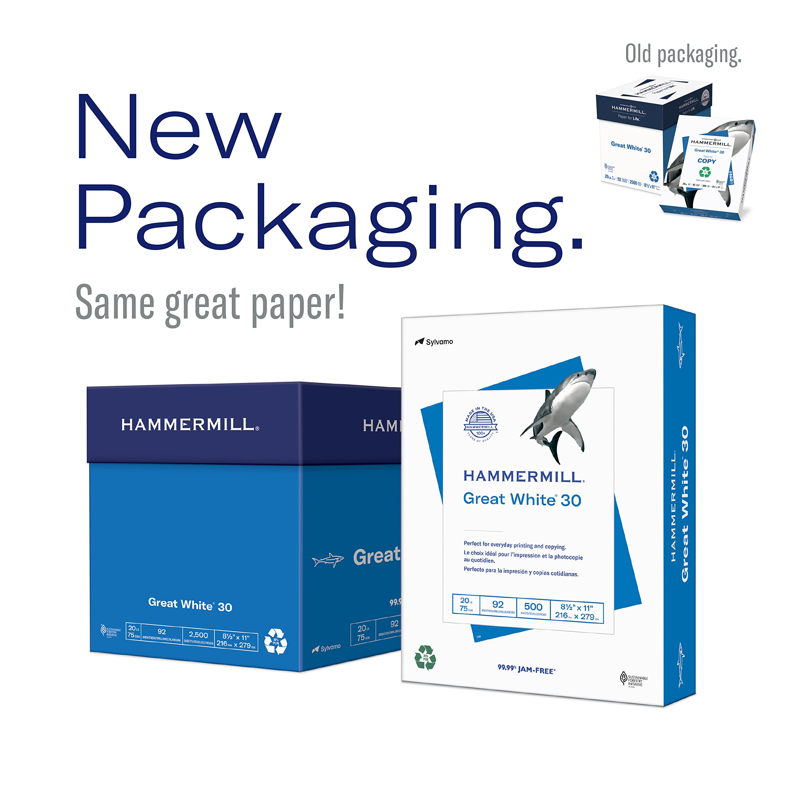 Hammermill Printer Paper, Great White 30% Recycled Paper, 8.5 x 11 - 5 Ream (2,500 Sheets) - 92 Bright, Made in the USA