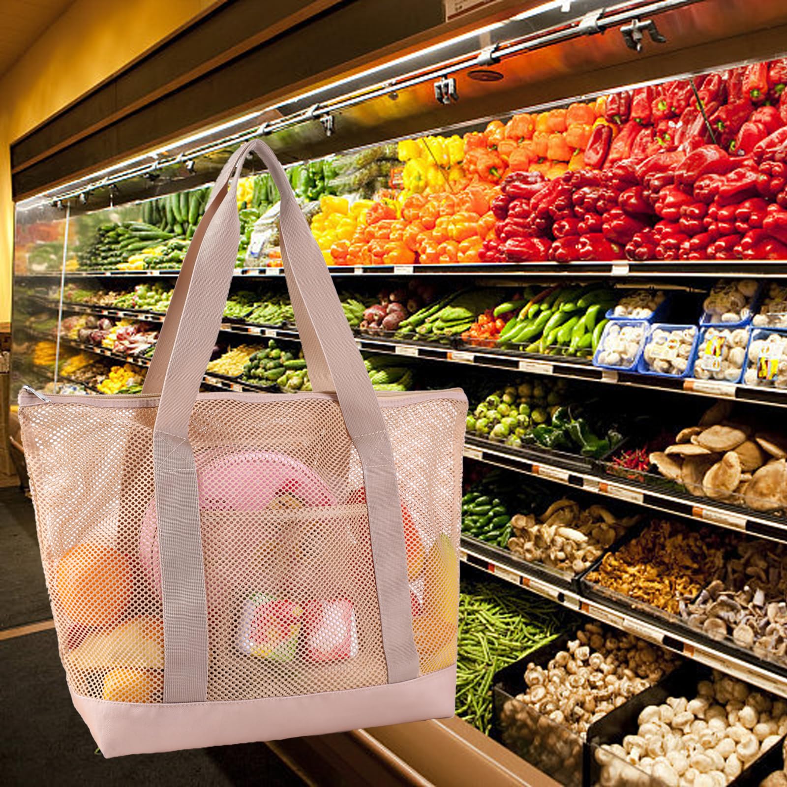 Mesh Beach Bags, Grocery Produce Tote Bag with Zipper & Pockets for Gym, Picnic, Shopping or Travel