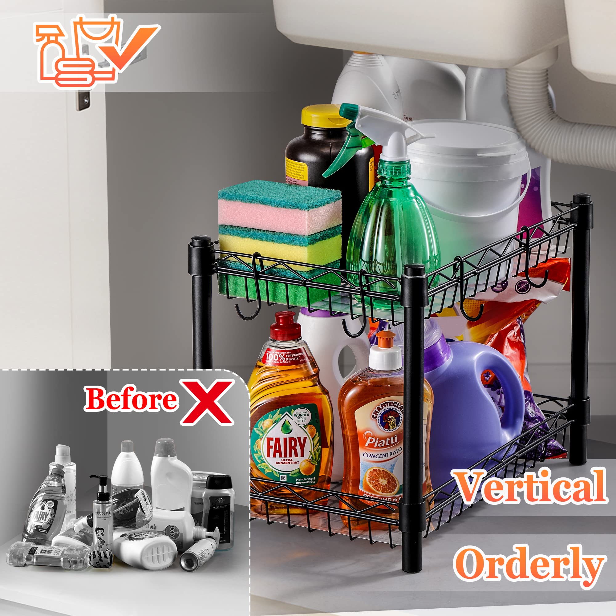 Wahopy Under Sink Organizer, 2 Tier Under Sink Shelf, Bathroom Kitchen Cabinet Under Sink Storage Rack, 2 Wire Baskets with Hooks, Sturdy Metal, Black