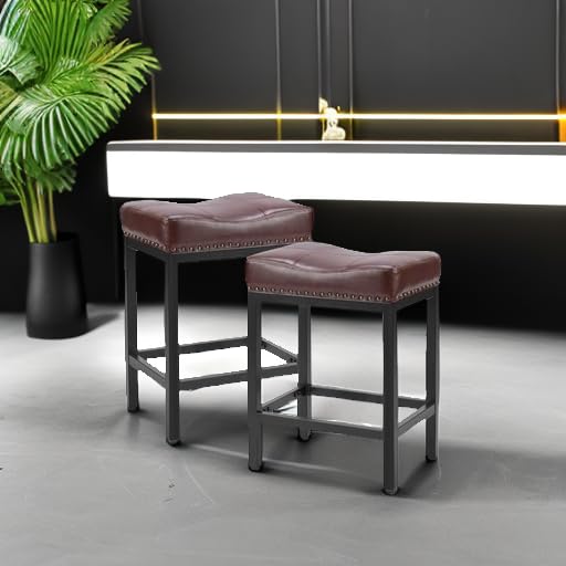 Sweetcrispy Bar Stools Set of 2, 24 inch Counter Height Bar Stools, Upholstered Modern Kitchen Barstools with Metal Base, PU Leather Saddle Stools for Kitchen Island, Brown