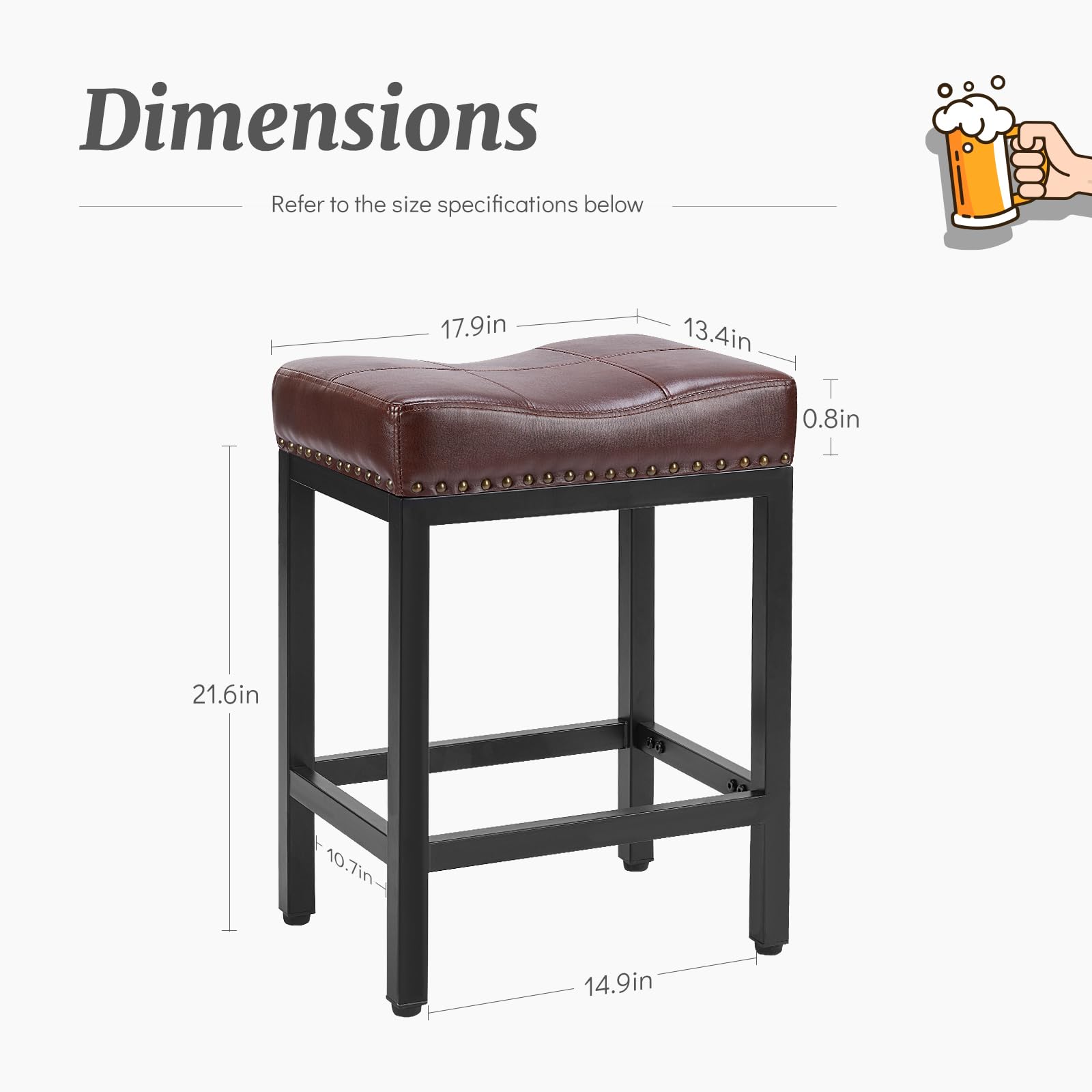 Sweetcrispy Bar Stools Set of 2, 24 inch Counter Height Bar Stools, Upholstered Modern Kitchen Barstools with Metal Base, PU Leather Saddle Stools for Kitchen Island, Brown