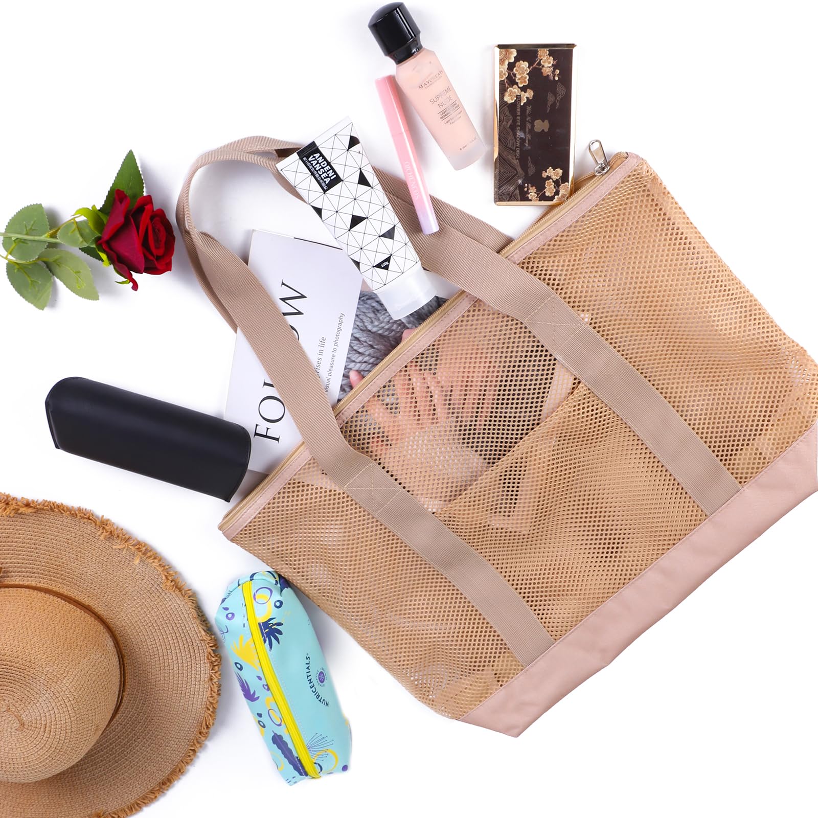 Mesh Beach Bags, Grocery Produce Tote Bag with Zipper & Pockets for Gym, Picnic, Shopping or Travel