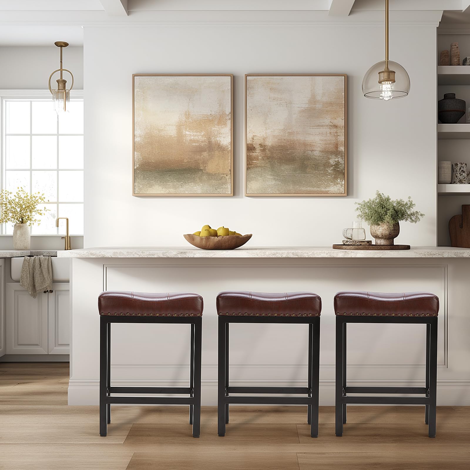 Sweetcrispy Bar Stools Set of 2, 24 inch Counter Height Bar Stools, Upholstered Modern Kitchen Barstools with Metal Base, PU Leather Saddle Stools for Kitchen Island, Brown