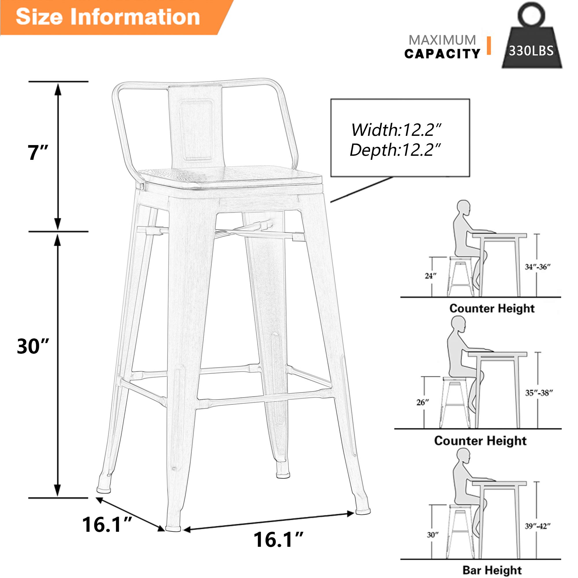 Yongchuang 30 inch Bar Stools Set of 4 Bar Height Metal Barstools with Wood Seat Low Back Kitchen Bar Chairs Matte Black