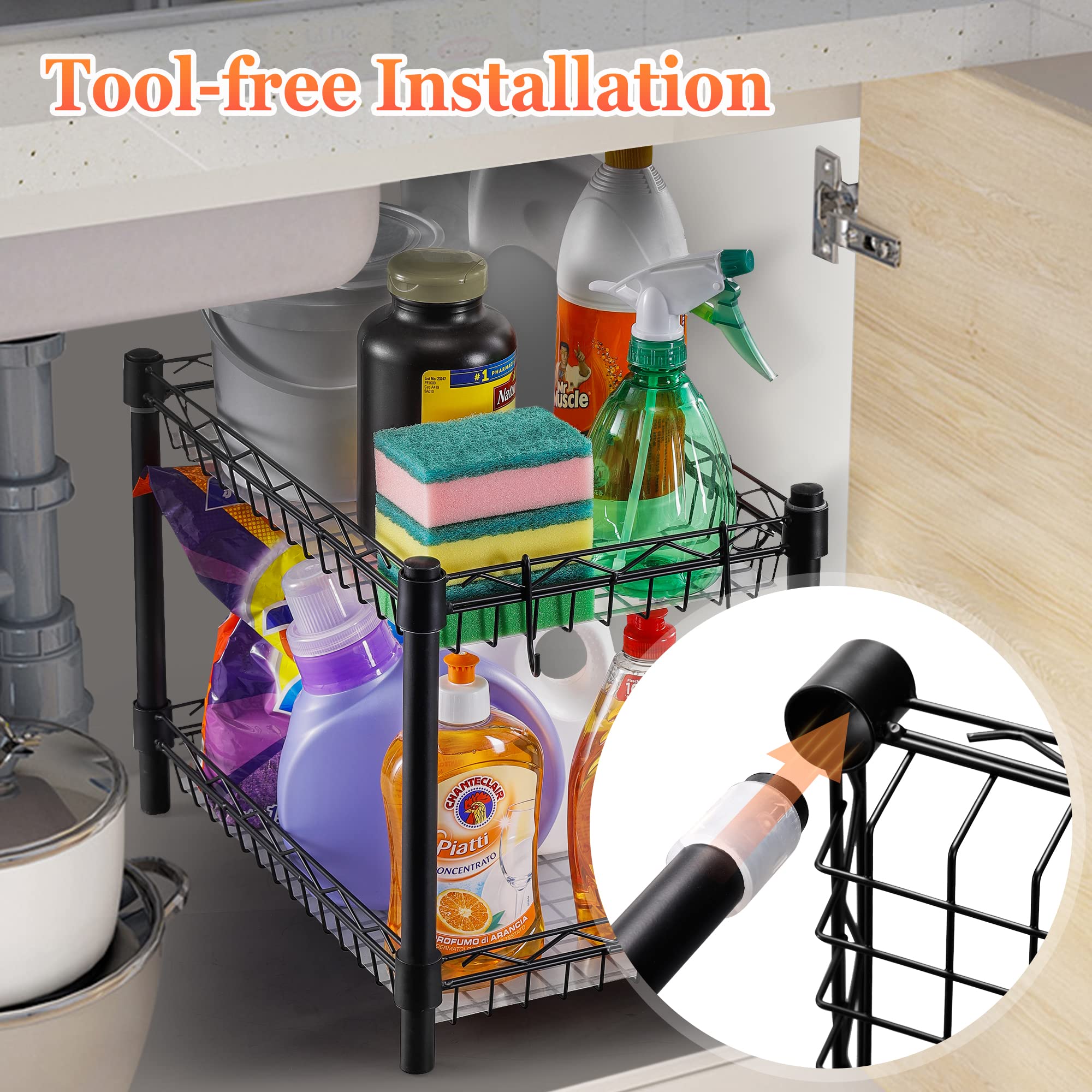 Wahopy Under Sink Organizer, 2 Tier Under Sink Shelf, Bathroom Kitchen Cabinet Under Sink Storage Rack, 2 Wire Baskets with Hooks, Sturdy Metal, Black