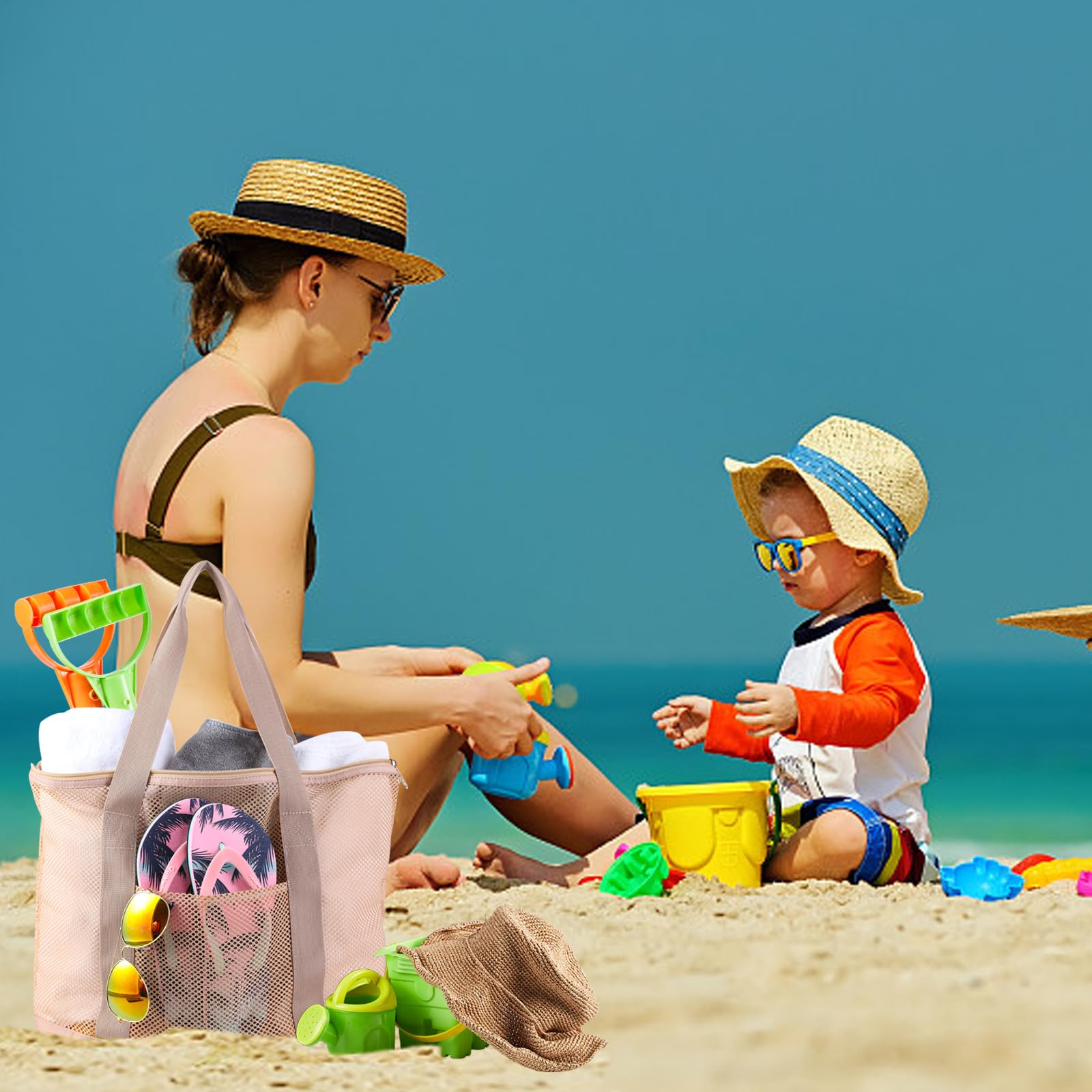Mesh Beach Bags, Grocery Produce Tote Bag with Zipper & Pockets for Gym, Picnic, Shopping or Travel