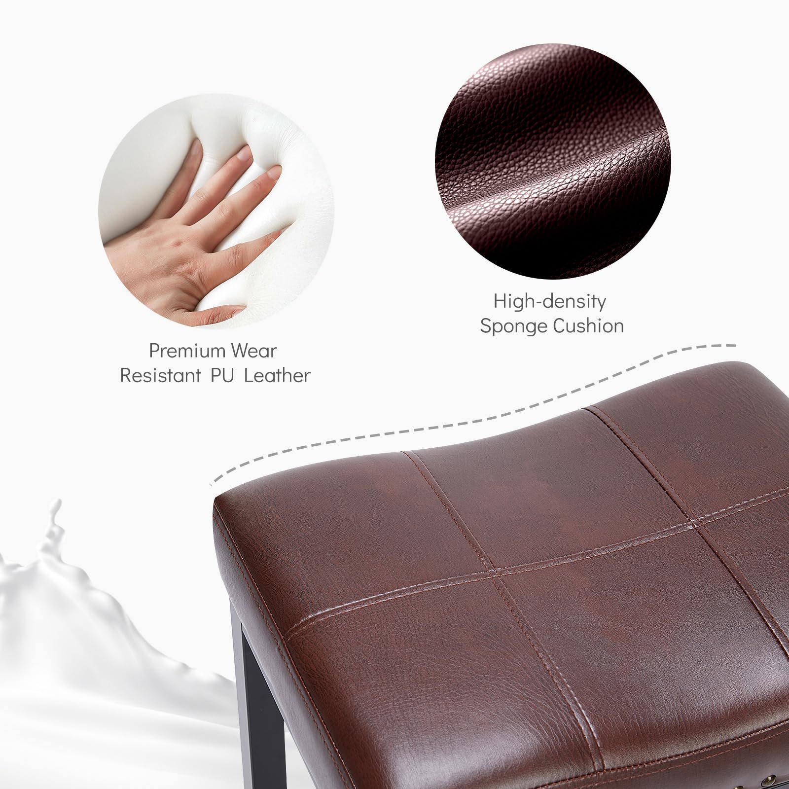 Sweetcrispy Bar Stools Set of 2, 24 inch Counter Height Bar Stools, Upholstered Modern Kitchen Barstools with Metal Base, PU Leather Saddle Stools for Kitchen Island, Brown