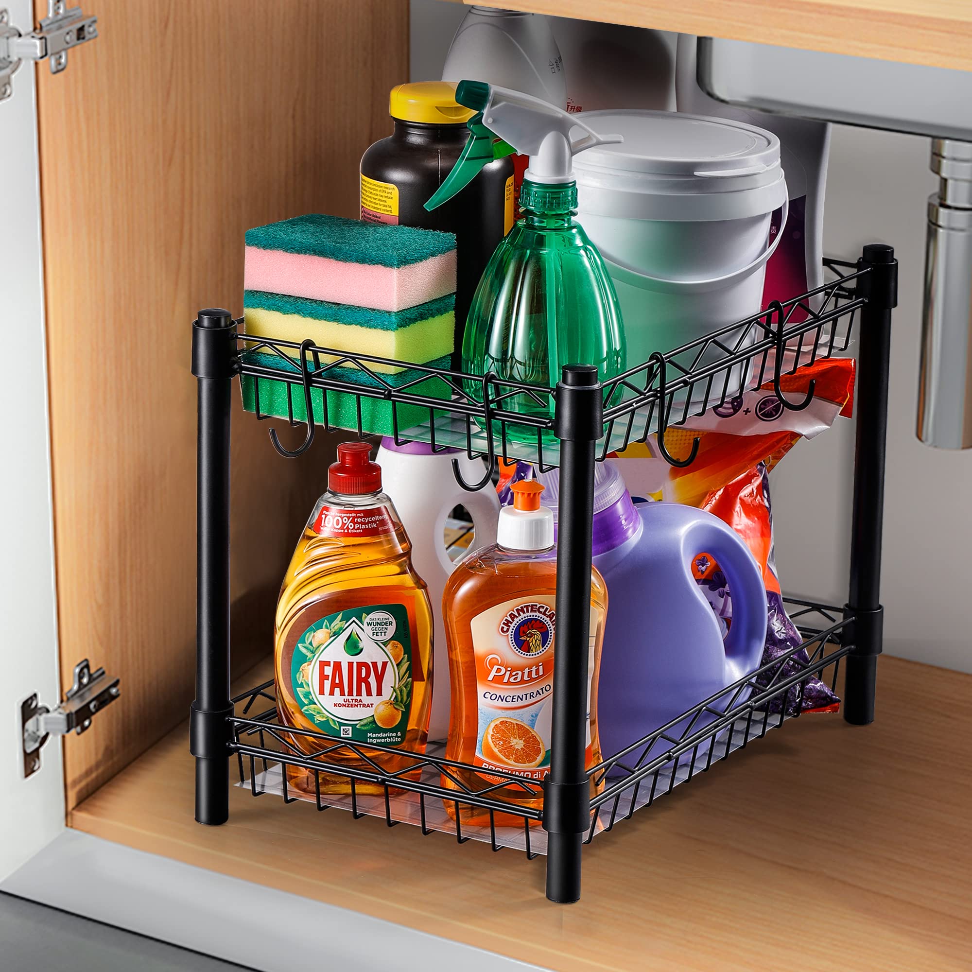 Wahopy Under Sink Organizer, 2 Tier Under Sink Shelf, Bathroom Kitchen Cabinet Under Sink Storage Rack, 2 Wire Baskets with Hooks, Sturdy Metal, Black