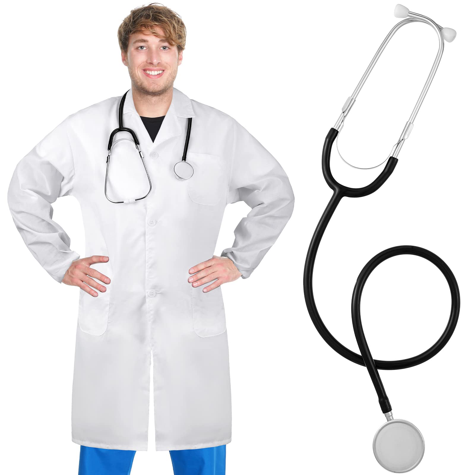 Women Men Doctor Costume Lab Coat Set Halloween White Lab Coat Scientist Coat and Dual Head Stethoscope Adults Unisex(X-Large)