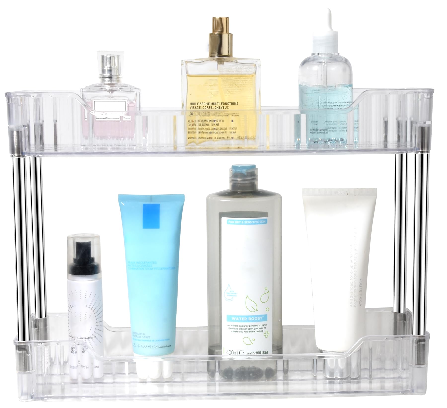 Slim 2-Tier Countertop Organizer for Bathroom Counter Shelf Skincare Organizer, Clear Acrylic Trays Shelf for Cabinet, Under Sink, Corner, Vanity Small Spaces -Toiletry, Makeup Multi-Storage