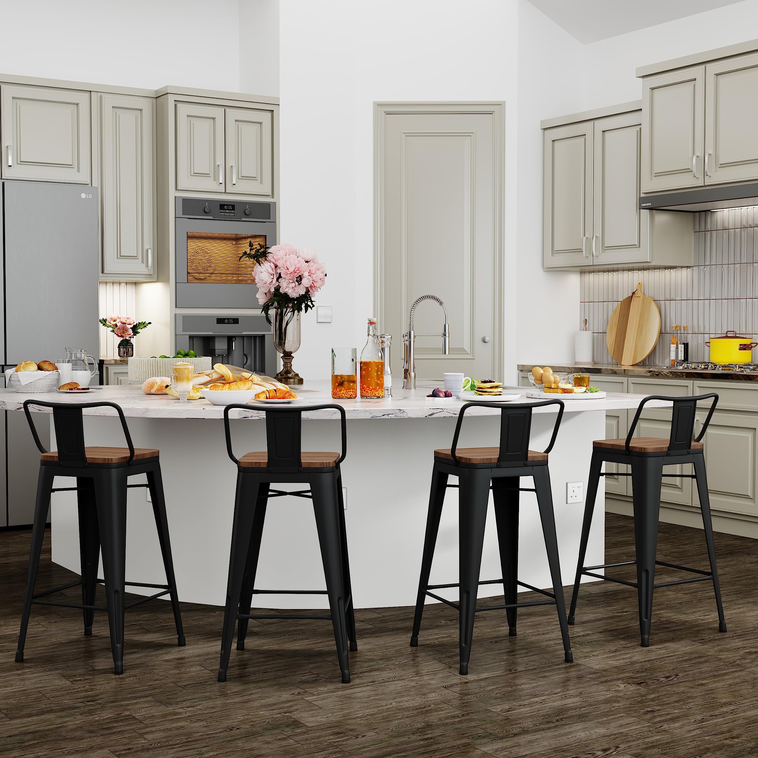 Yongchuang 30 inch Bar Stools Set of 4 Bar Height Metal Barstools with Wood Seat Low Back Kitchen Bar Chairs Matte Black