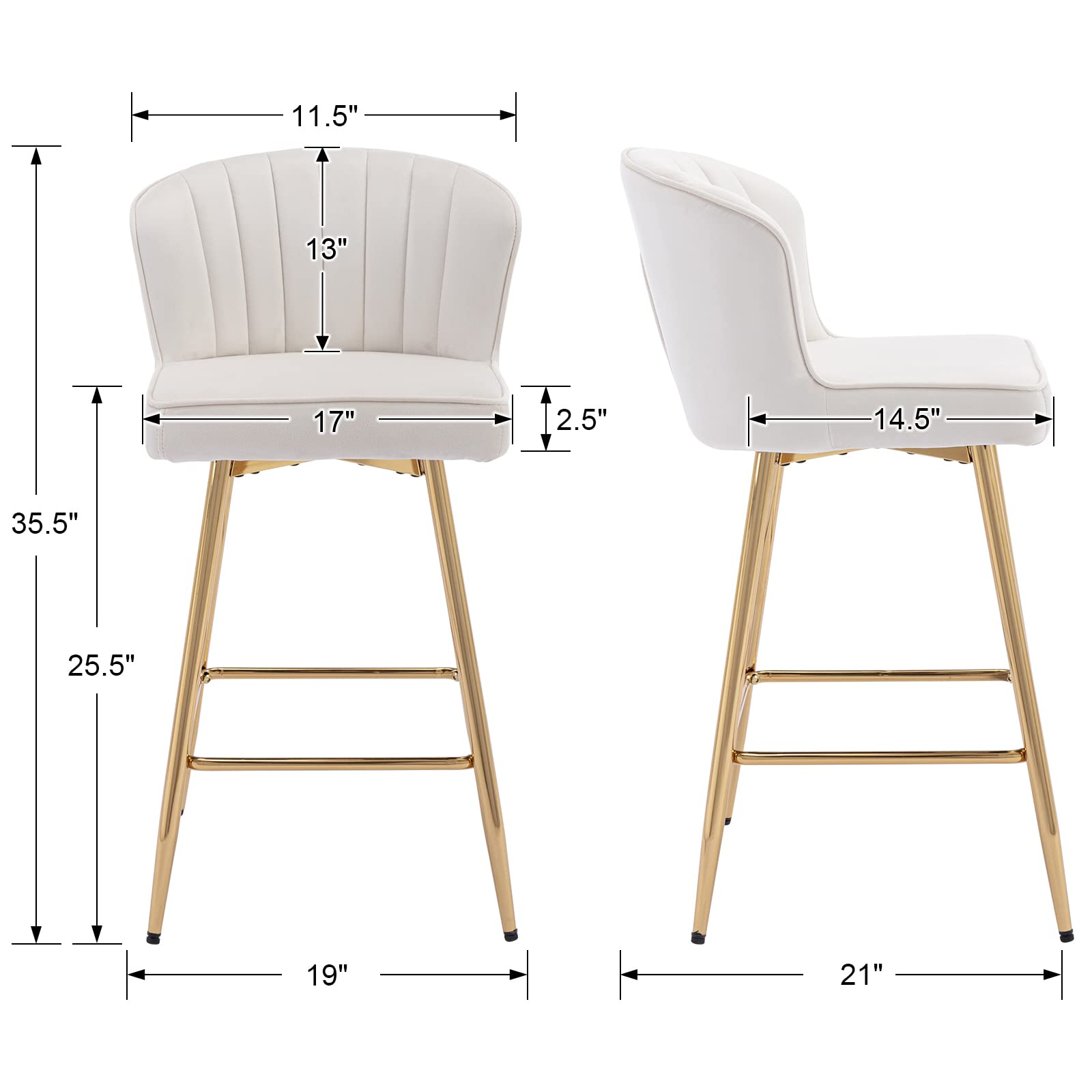 CIMOO Beige Velvet Counter Stools with Gold Legs Mid Century Modern Bar Stools Set of 2 Upholstered Counter Height Stool Chairs 26 Inch kitchen Island Chairs with Back