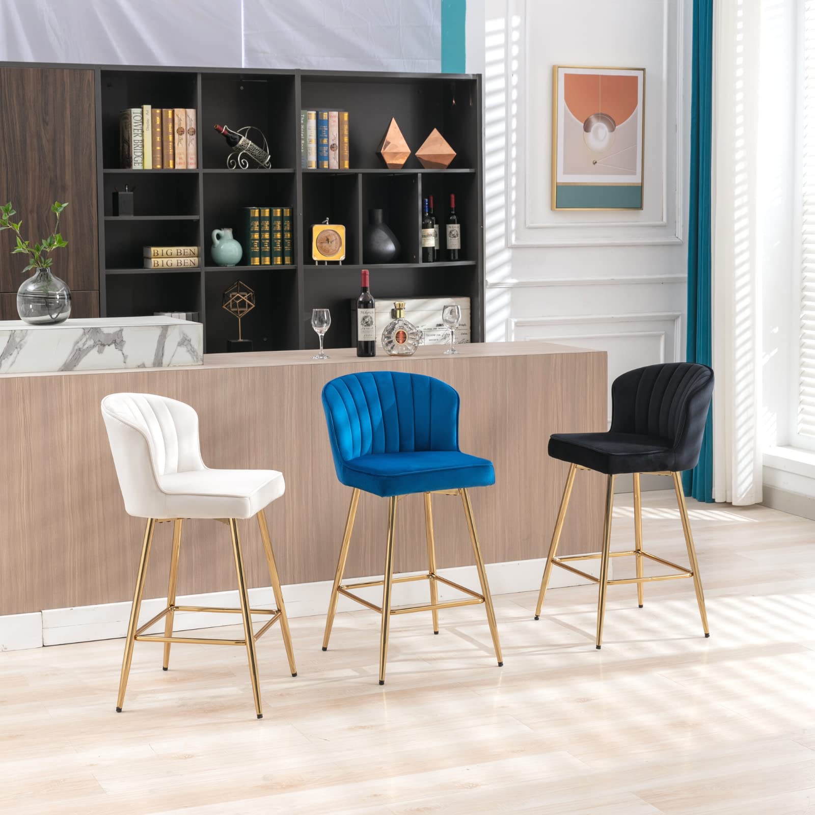 CIMOO Beige Velvet Counter Stools with Gold Legs Mid Century Modern Bar Stools Set of 2 Upholstered Counter Height Stool Chairs 26 Inch kitchen Island Chairs with Back