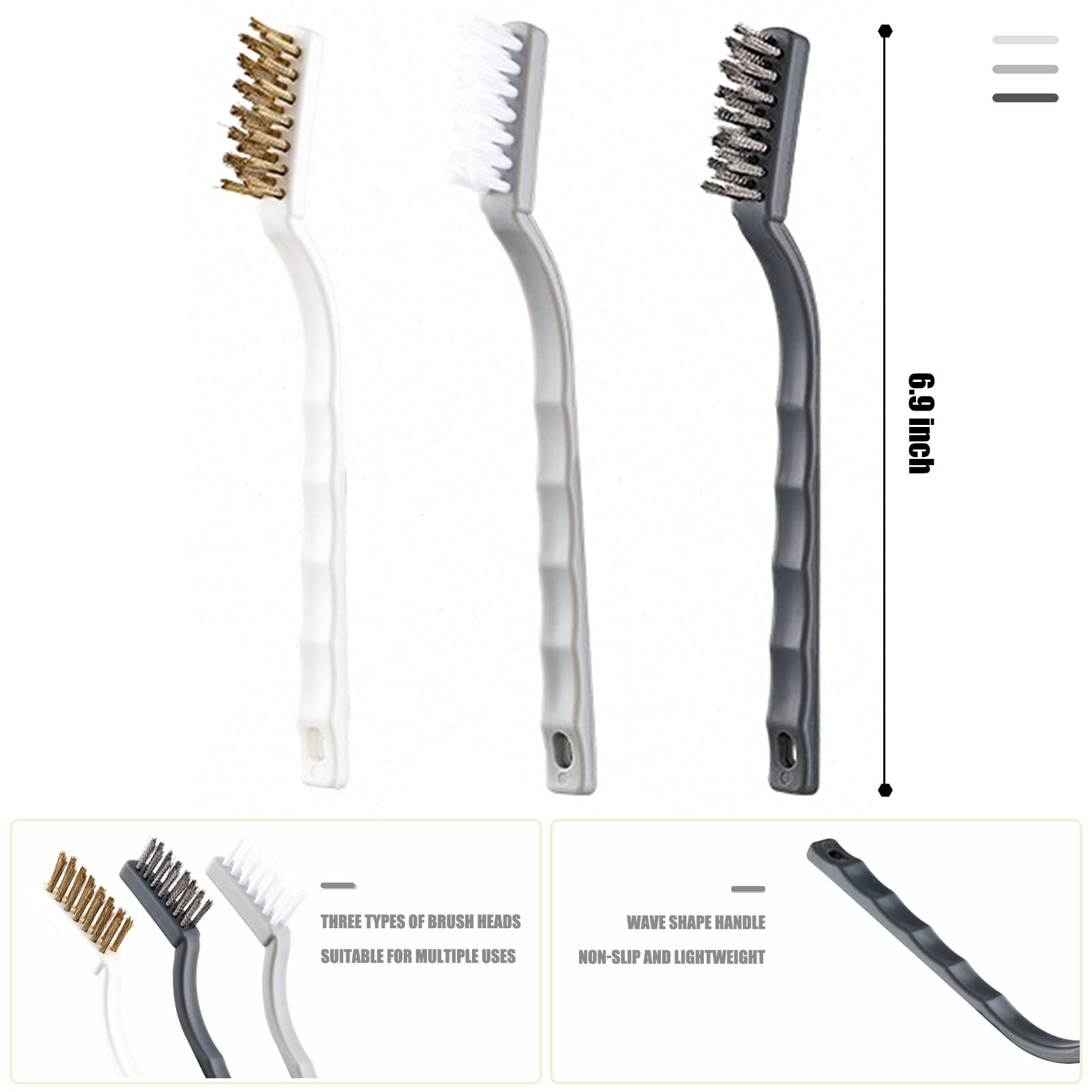 ORIJOYNA Set of 3 Kitchen Cleaning Scrubbers - Wire Brush (Stainless Steel + Brass + Nylon) for Range Hood Grease, Grime and Rust