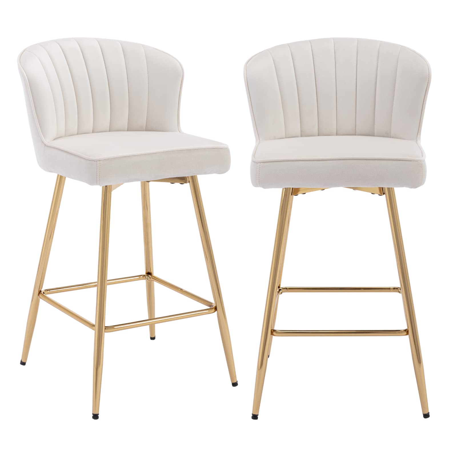 CIMOO Beige Velvet Counter Stools with Gold Legs Mid Century Modern Bar Stools Set of 2 Upholstered Counter Height Stool Chairs 26 Inch kitchen Island Chairs with Back