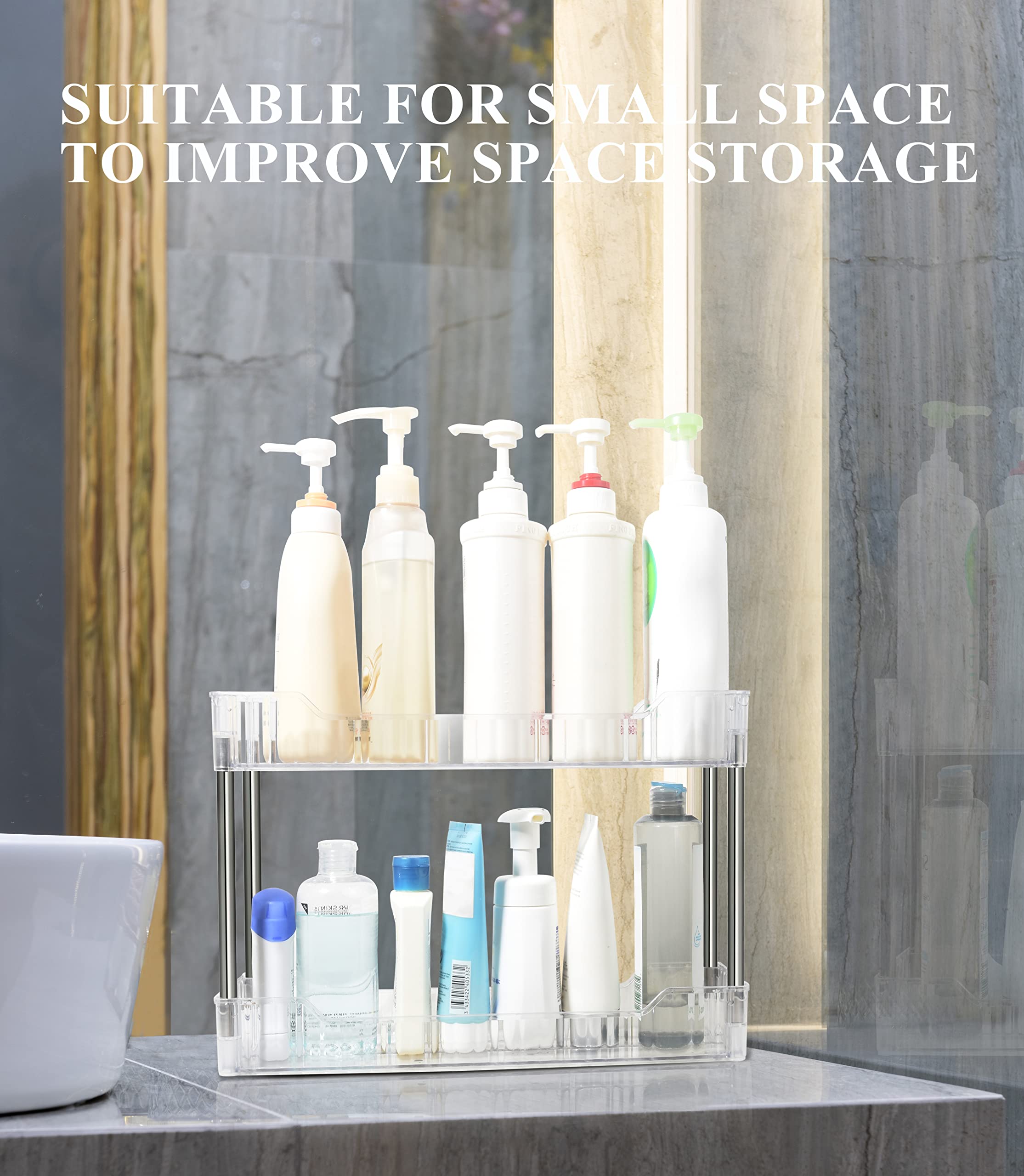Slim 2-Tier Countertop Organizer for Bathroom Counter Shelf Skincare Organizer, Clear Acrylic Trays Shelf for Cabinet, Under Sink, Corner, Vanity Small Spaces -Toiletry, Makeup Multi-Storage