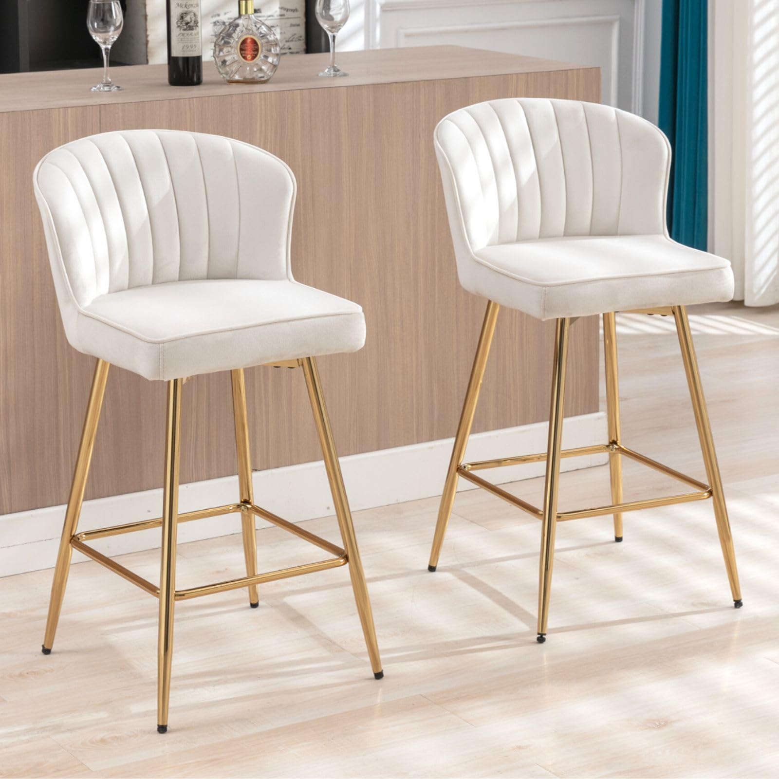 CIMOO Beige Velvet Counter Stools with Gold Legs Mid Century Modern Bar Stools Set of 2 Upholstered Counter Height Stool Chairs 26 Inch kitchen Island Chairs with Back