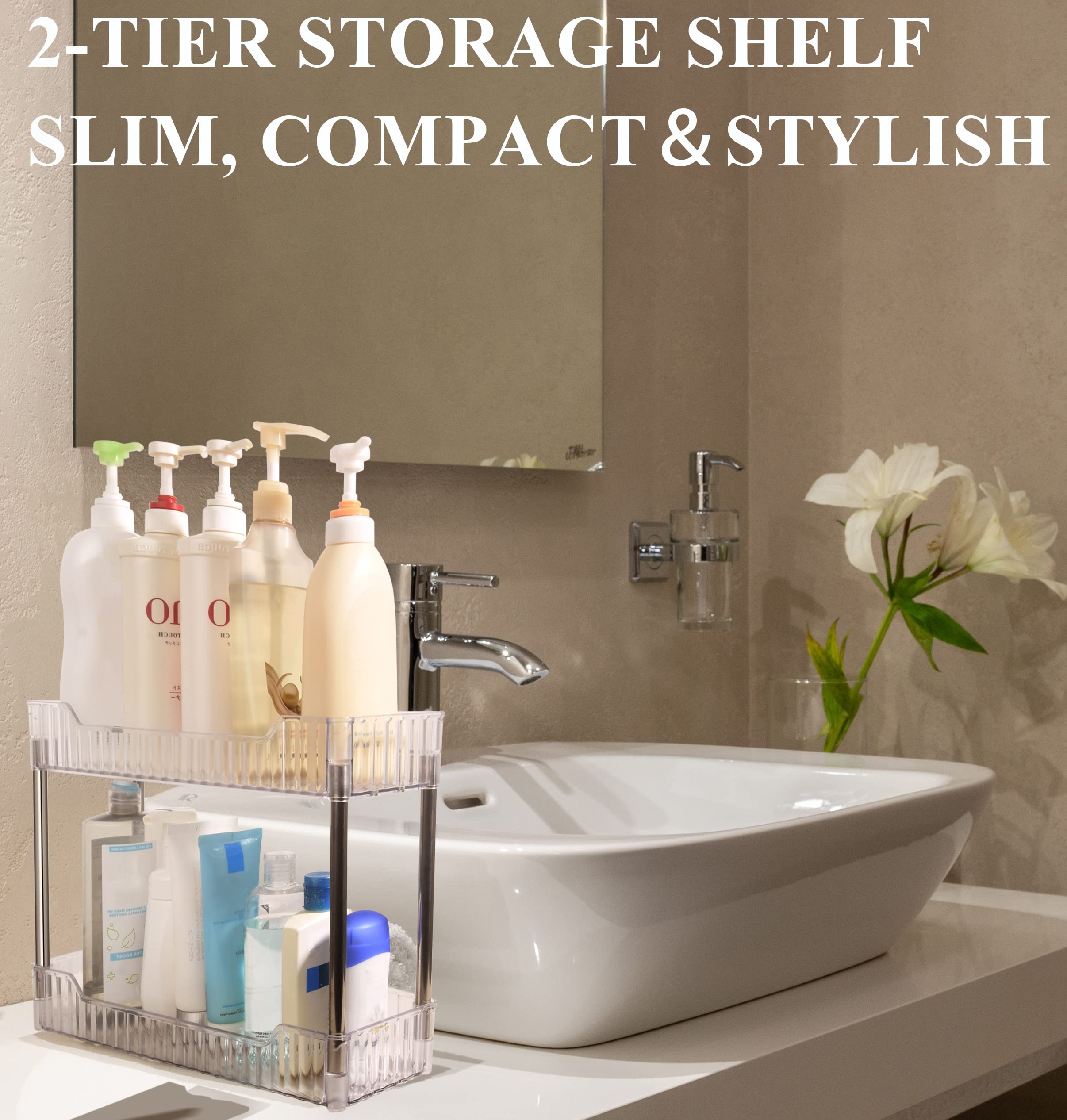 Slim 2-Tier Countertop Organizer for Bathroom Counter Shelf Skincare Organizer, Clear Acrylic Trays Shelf for Cabinet, Under Sink, Corner, Vanity Small Spaces -Toiletry, Makeup Multi-Storage