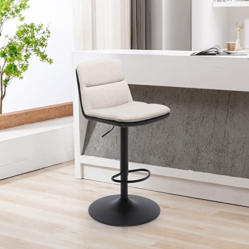 Brage Living Fabric Adjustable Bar Stool, Swivel Counter Height Barstool with Back, Armless Kitchen Bar Chair for Dining Cafe with Large Black Base (Greige)