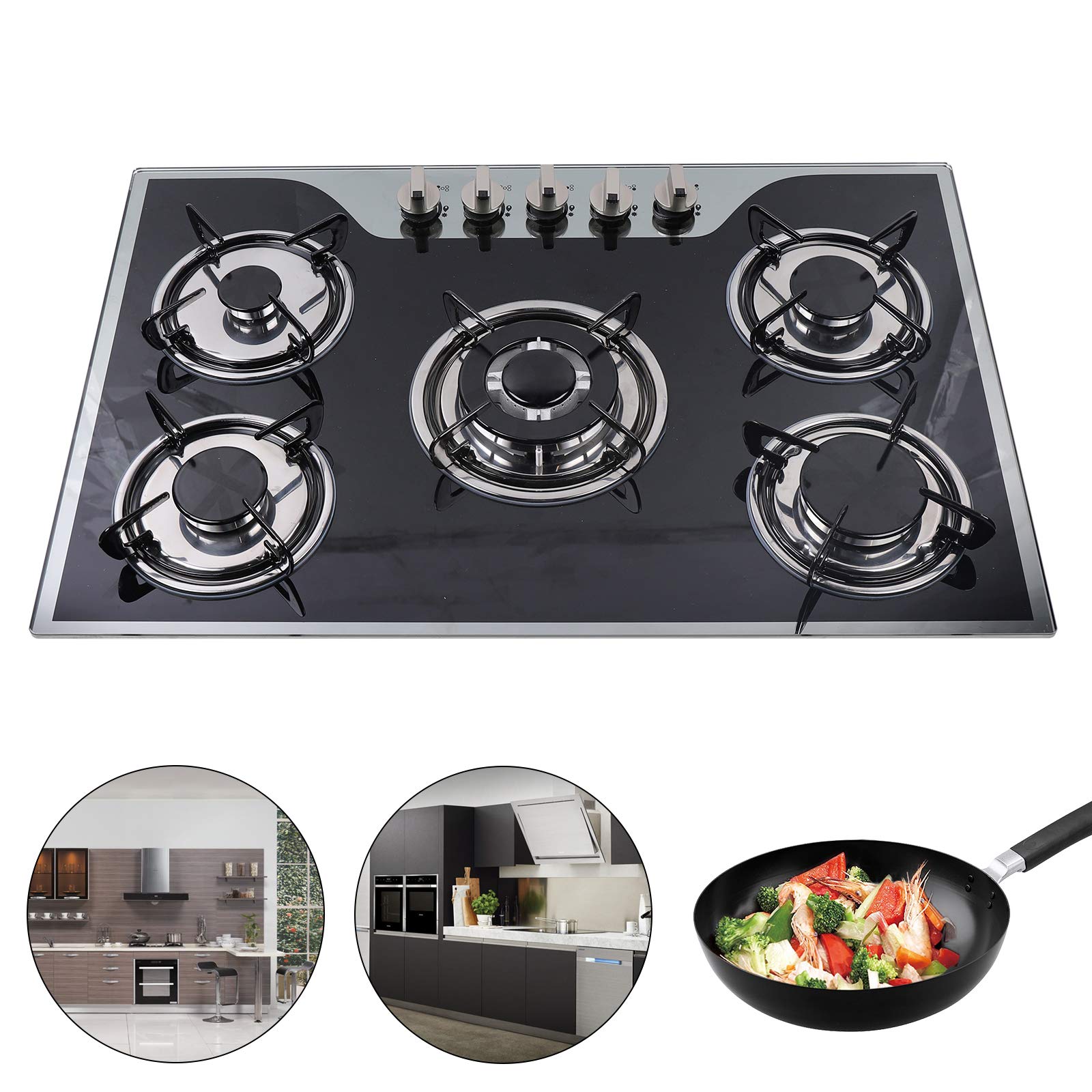 Gas Cooktop 30" Gas Cooktop 5 Burners Gas Stove Gas Hob Stovetop Tempered Glass Cooktop Cast Iron Grates Built-in Gas Stove Top Gas Cooktop Thermocouple Protection (Style 1)