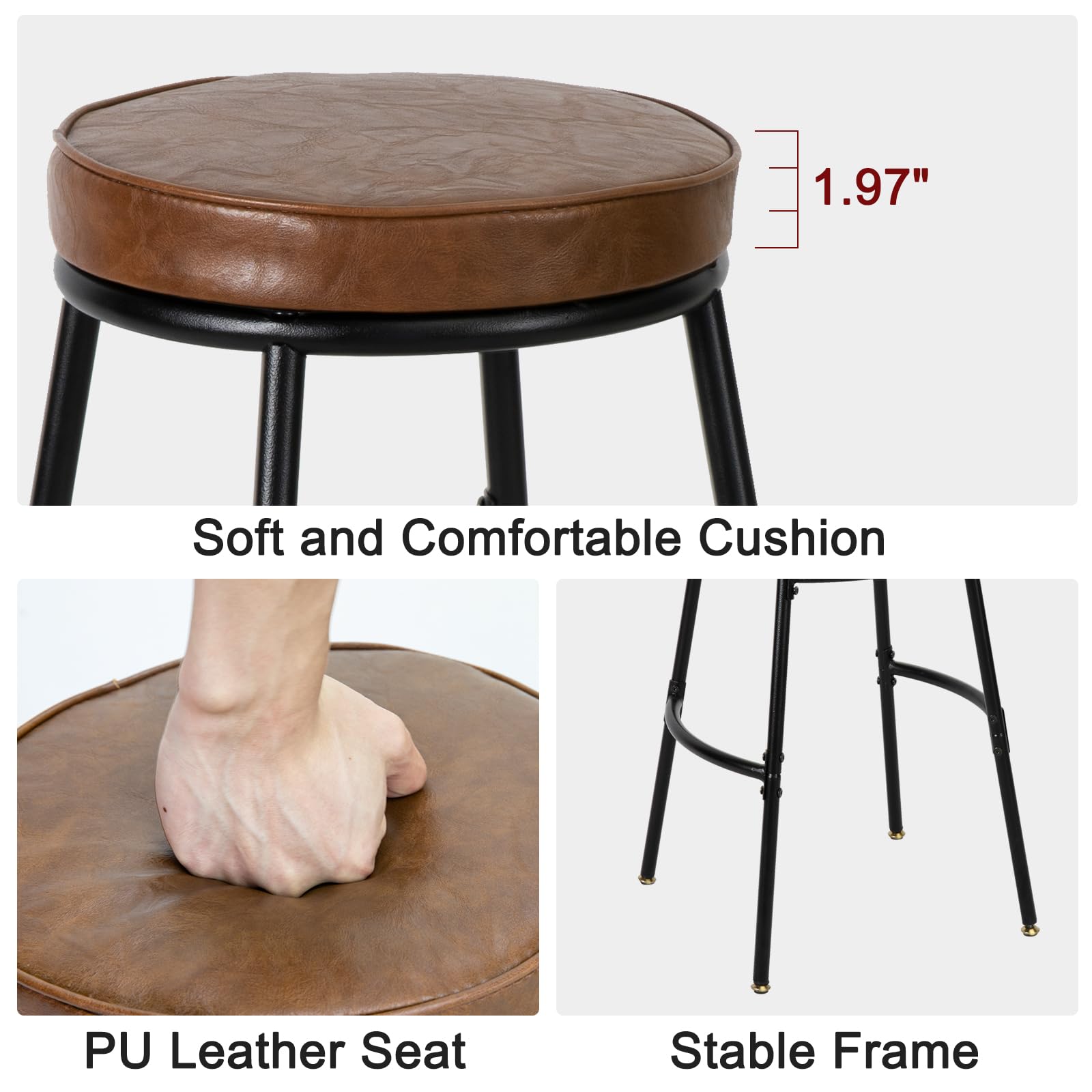 Homaterial Bar Stools, Set of 2 Bar Chairs,Round PU Upholstered Breakfast Stools,Kitchen Counter Height Bar Stools with Footrest, for Dining Room, Kitchen, Rustic Brown