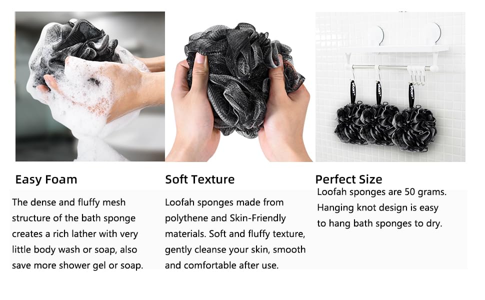 Nourah, Dual-Sided, Silicone Base Swirl Mesh Flower Sponge lufas, Shower Ball Scrubber, Lather and Exfoliating, Comfortable Bath Sponge for Cleansing and Smoothing Skin, for Men. (Black)