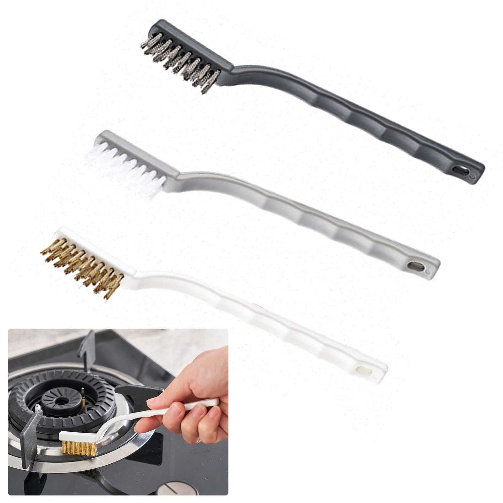 ORIJOYNA Set of 3 Kitchen Cleaning Scrubbers - Wire Brush (Stainless Steel + Brass + Nylon) for Range Hood Grease, Grime and Rust