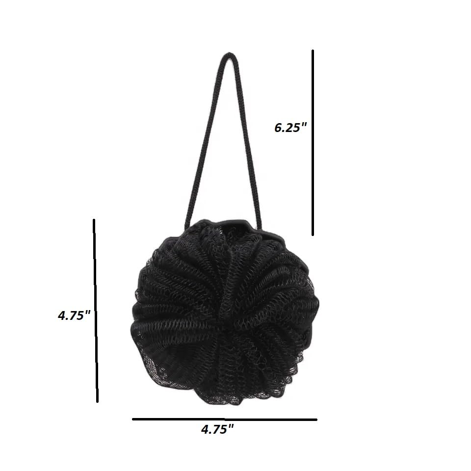 Nourah, Dual-Sided, Silicone Base Swirl Mesh Flower Sponge lufas, Shower Ball Scrubber, Lather and Exfoliating, Comfortable Bath Sponge for Cleansing and Smoothing Skin, for Men. (Black)