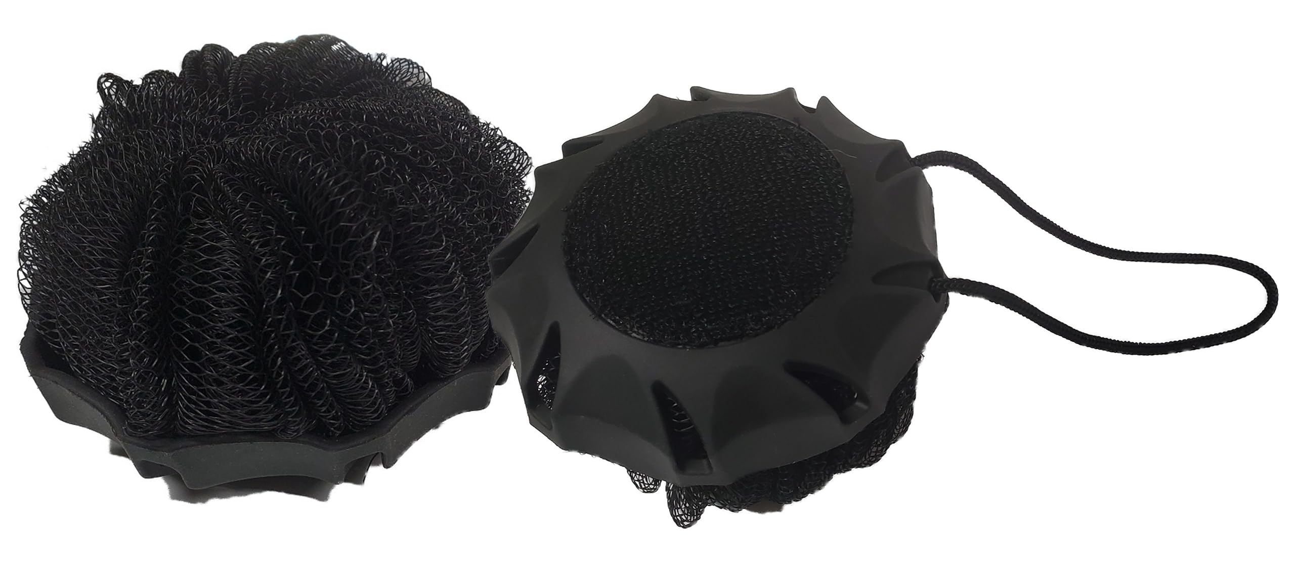 Nourah, Dual-Sided, Silicone Base Swirl Mesh Flower Sponge lufas, Shower Ball Scrubber, Lather and Exfoliating, Comfortable Bath Sponge for Cleansing and Smoothing Skin, for Men. (Black)