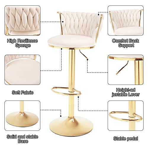HANLIVES Velvet Bar Stools Set of 4,360° Woven Modern Gold Bar Stools,Swivel Adjustable Height Barstools with Backs Gold Metal Tall Kitchen Counter Chairs for Bar Pub Cafe(Beige*4)