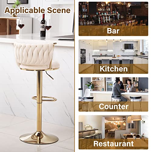 HANLIVES Velvet Bar Stools Set of 4,360° Woven Modern Gold Bar Stools,Swivel Adjustable Height Barstools with Backs Gold Metal Tall Kitchen Counter Chairs for Bar Pub Cafe(Beige*4)