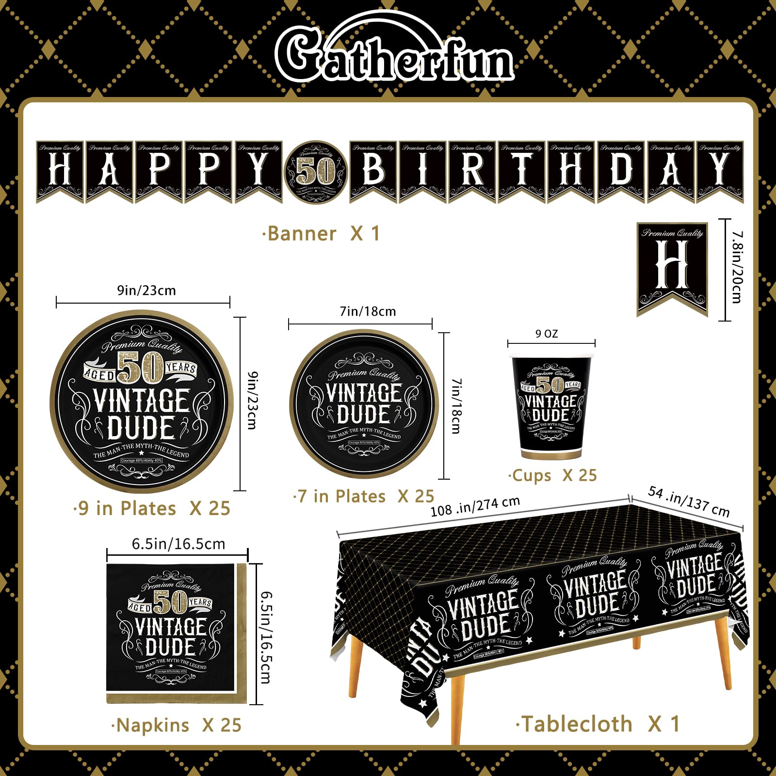 50th Birthday Party Supplies Paper Plates Napkins Cups Tablecloth Banner for Men Black and Gold 50th Birthday Decorations Serve 25
