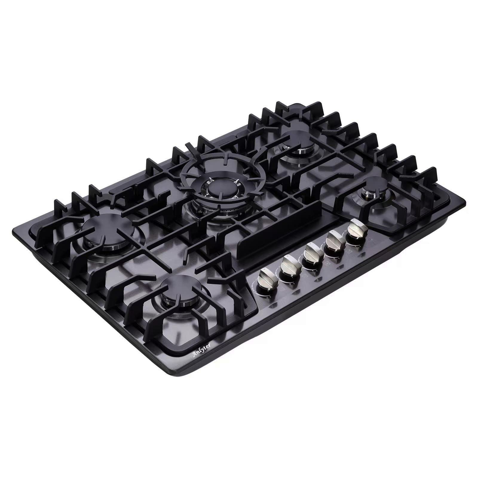 Anlyter 30 Inch Gas Cooktop, 5 Burners Built-in Gas Stovetop Stainless Steel LPG/NG Convertible Gas Stove Dual Fuel Sealed Gas Hob - Black