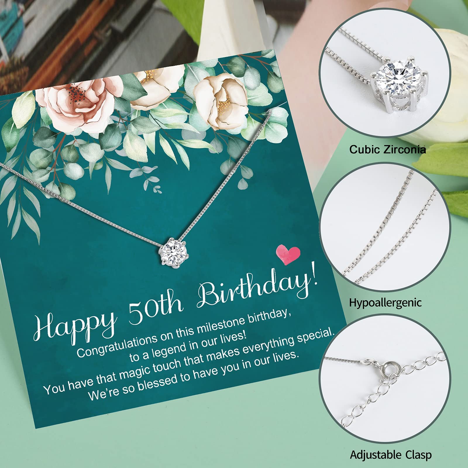 JeeweLife 50th Birthday Gift for Women, Sterling Silver Necklace with Cubic Zirconia, Perfect for Women 50+