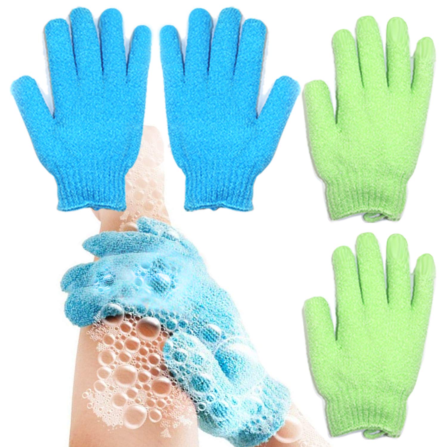 Exfoliating Bath Gloves Body Scrub Loofah Sponge,Luxury Spa Hand Gloves Dead Skin Cell Remover Health Care Gloves,Shower Massage Scrubber and Improves Blood Circulation, 2 Pairs (Blue & Green)