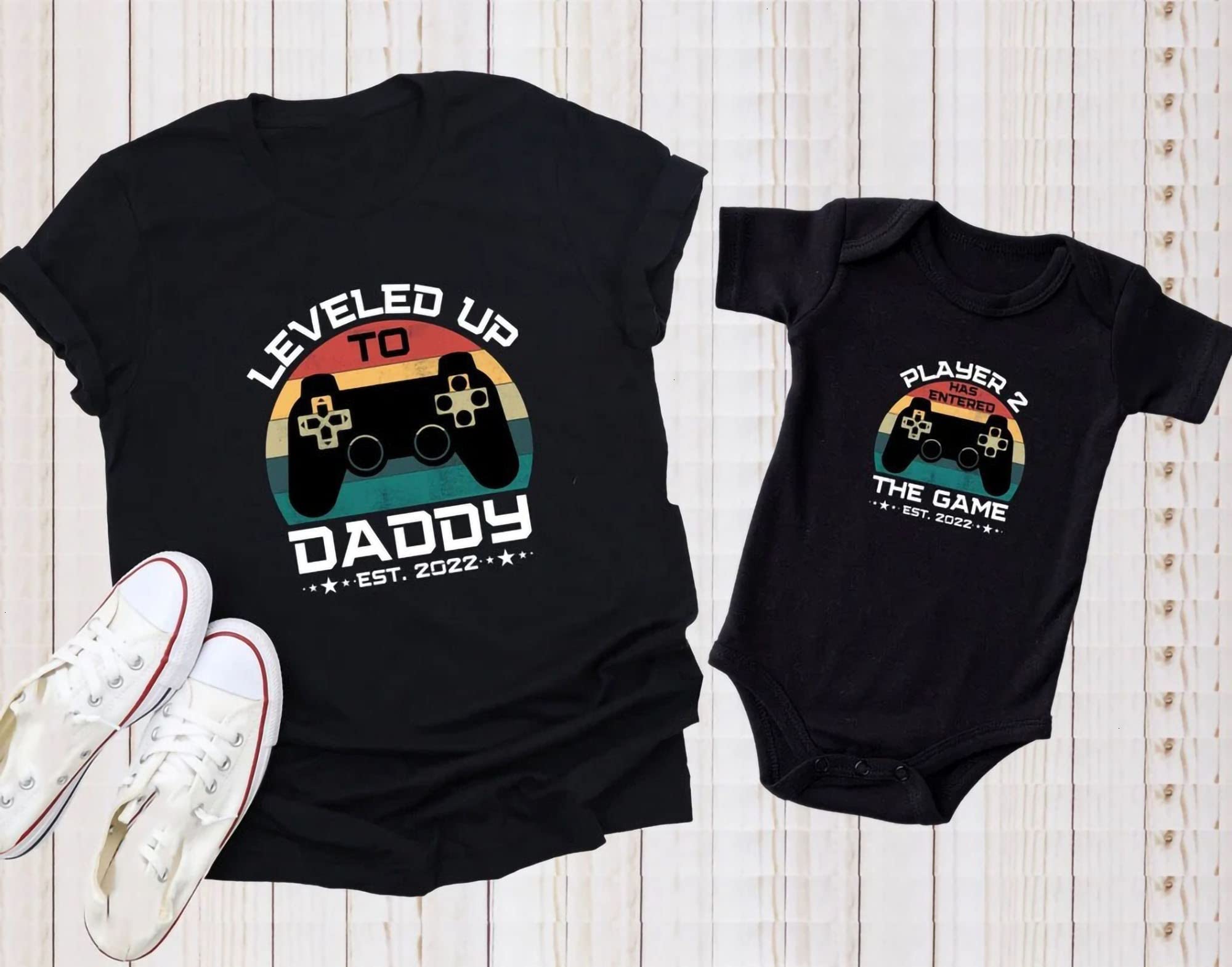 Personalized Leveled Up To Daddy Matching Dad & Son Shirts, Father And Baby Gaming Matching Shirts, Dad And Baby Father's Day Shirt Onesie, Father Son Daughter Matching Shirts Set