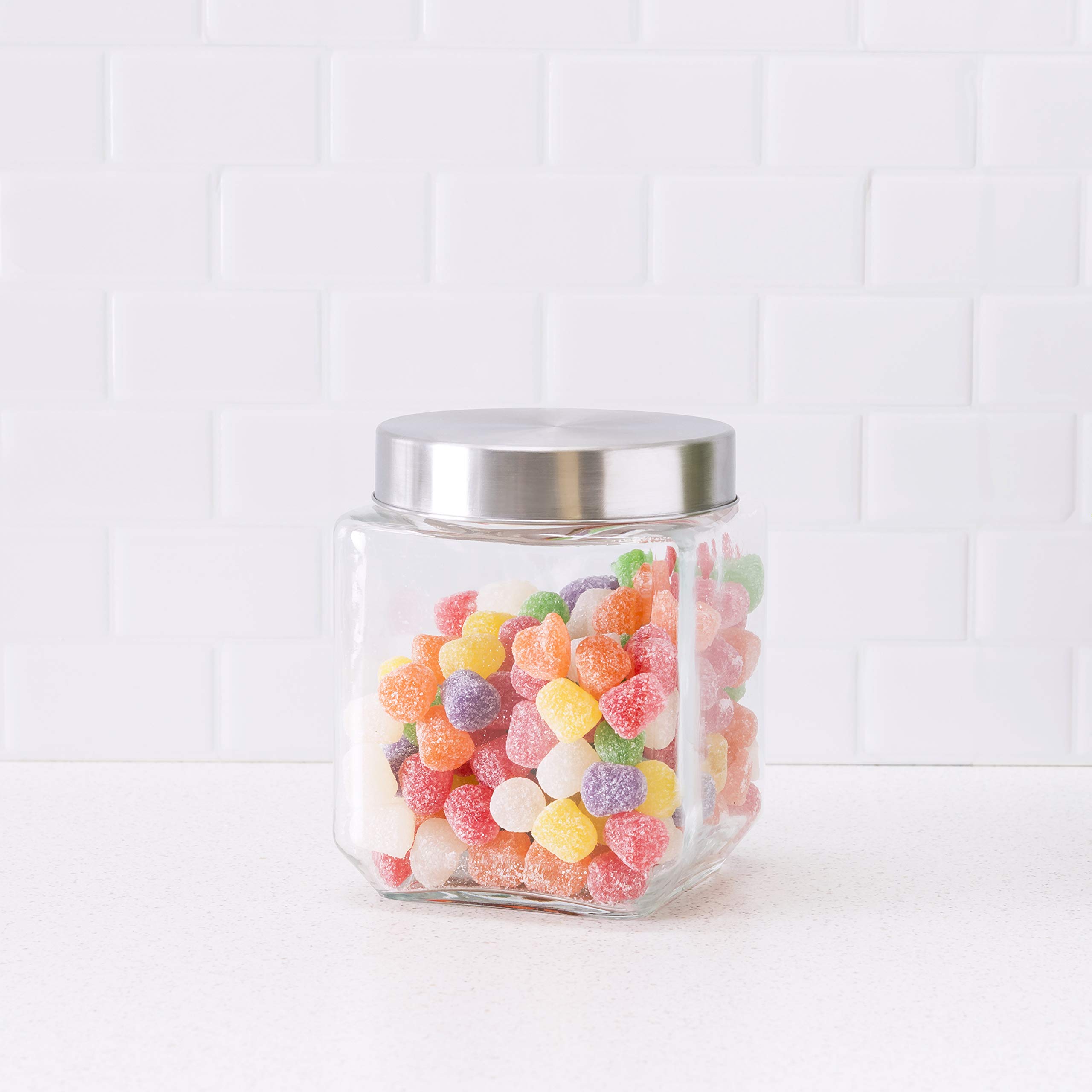 Home Basics Medium 40 oz. Square Glass Canister Jar Container Fresh Sealed with Air-Tight Stainless-Steel Twist Top Lid for Kitchen Pantry Food Storage Organization, Clear